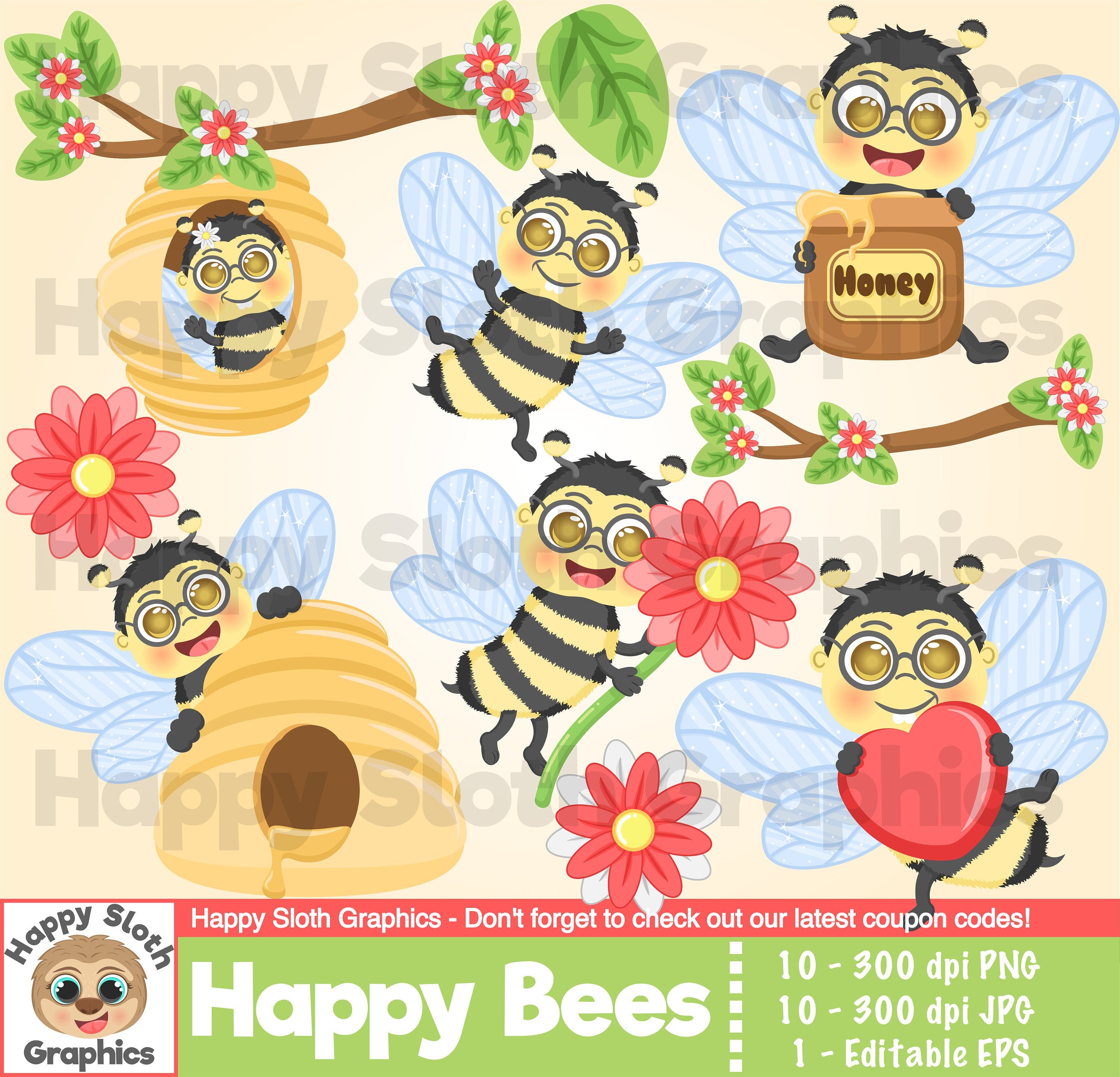 Happy Bees Clipart Set, Personal and Commercial Use Vector Animals ...