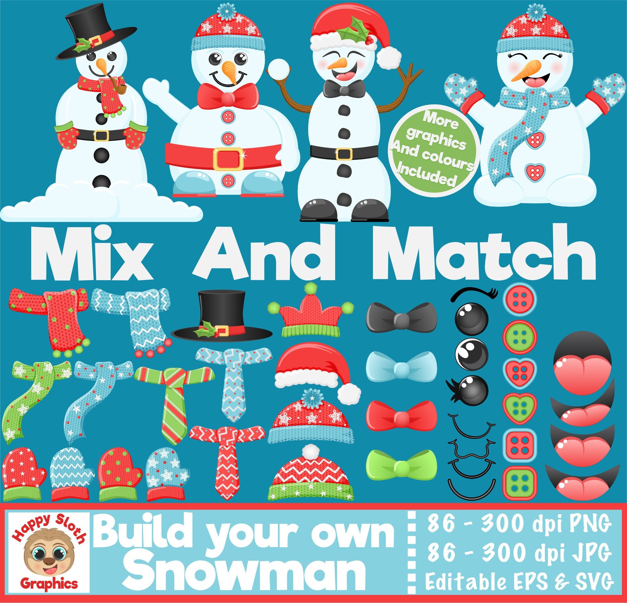 Mix and Match Snowman Family Clipart Set, Personal and Commercial Use ...