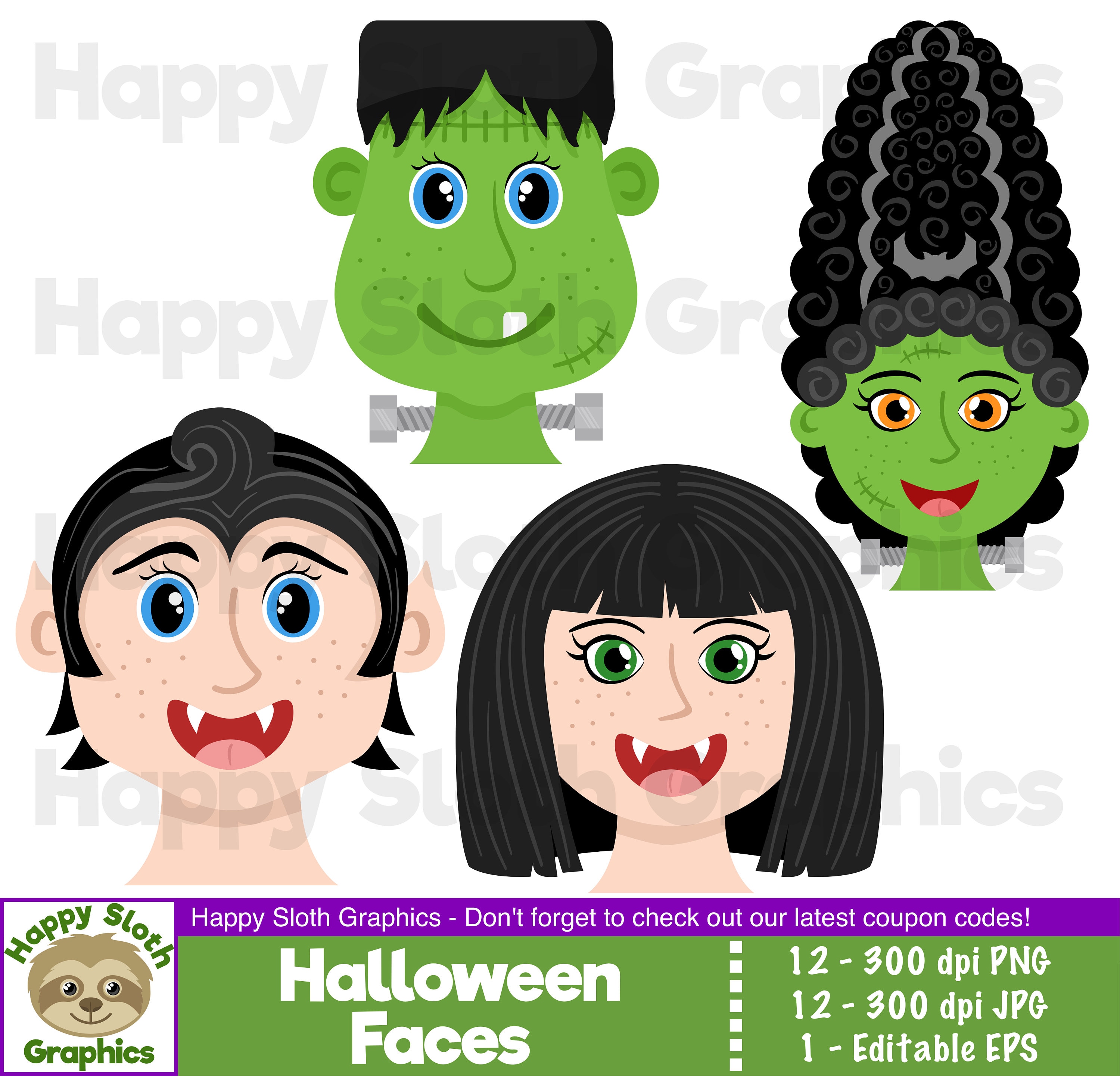 Halloween Faces Clipart Set, Personal and Commercial Use Vector ...