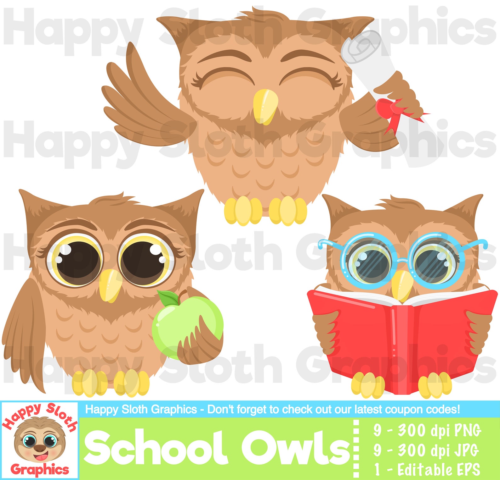 School Owls Clipart Set Personal and Commercial Use Vector - Etsy