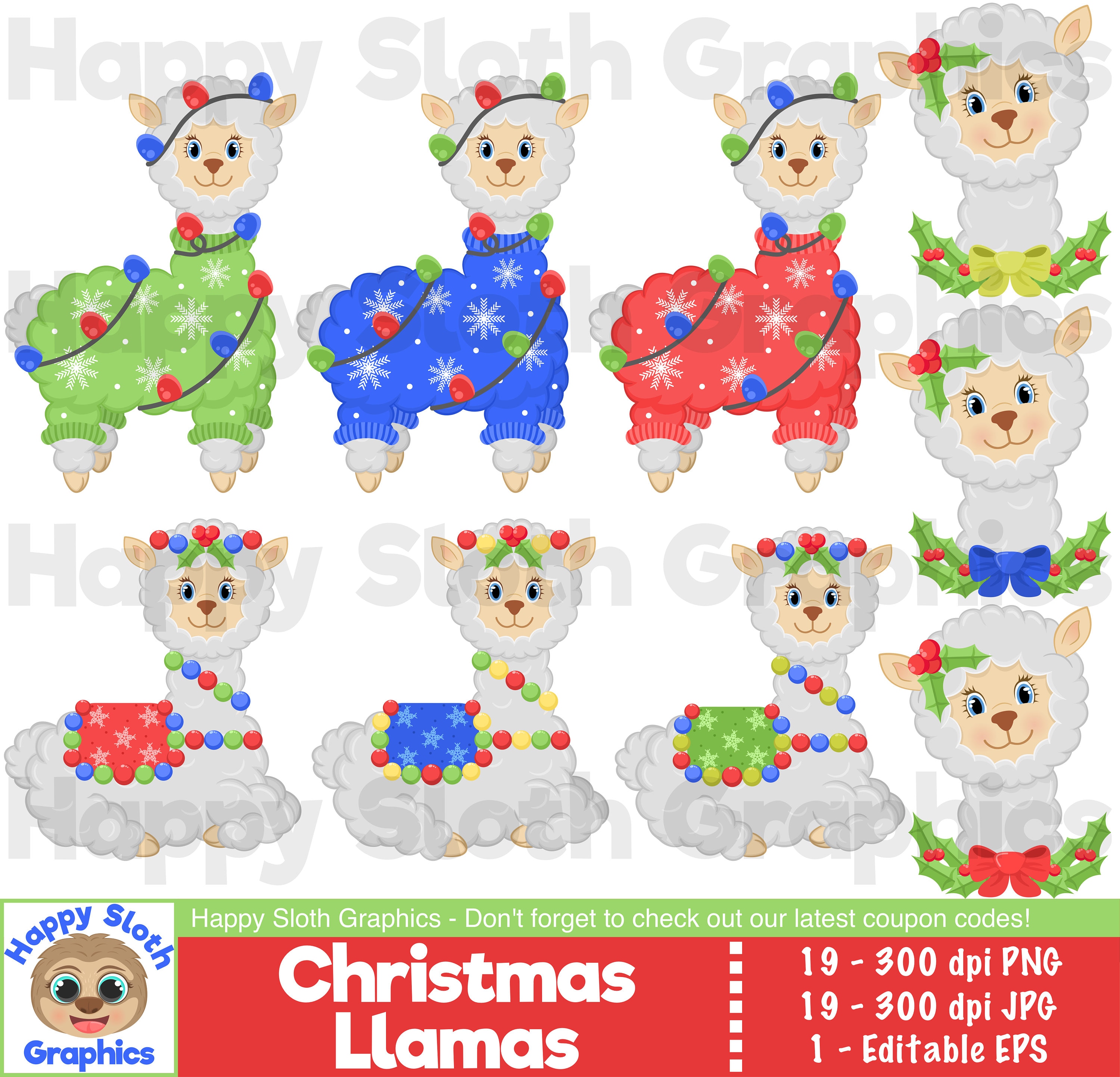 Christmas Llama Clipart Set, Personal and Commercial Use Vector Alpaca ...