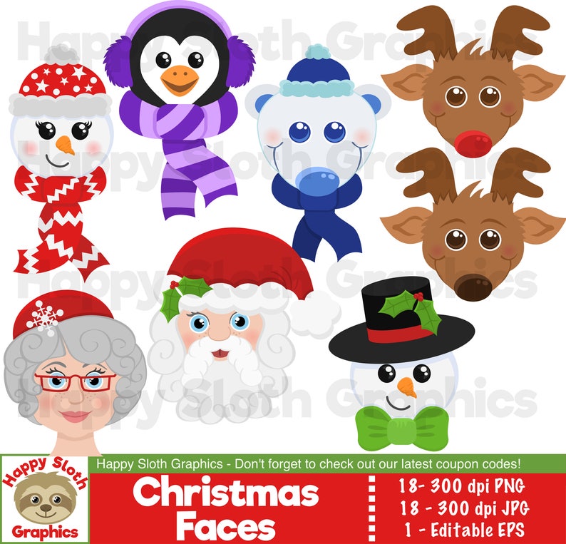 Christmas Faces Clipart Set, Personal and Commercial Use Vector, Xmas ...
