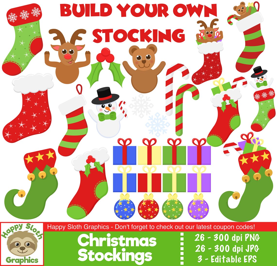 Mix and Match Christmas Stocking Clipart Set, Personal and Commercial ...
