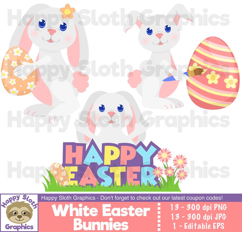 Easter Bunnies in White Clipart Set, Personal and Commercial Use Vector ...