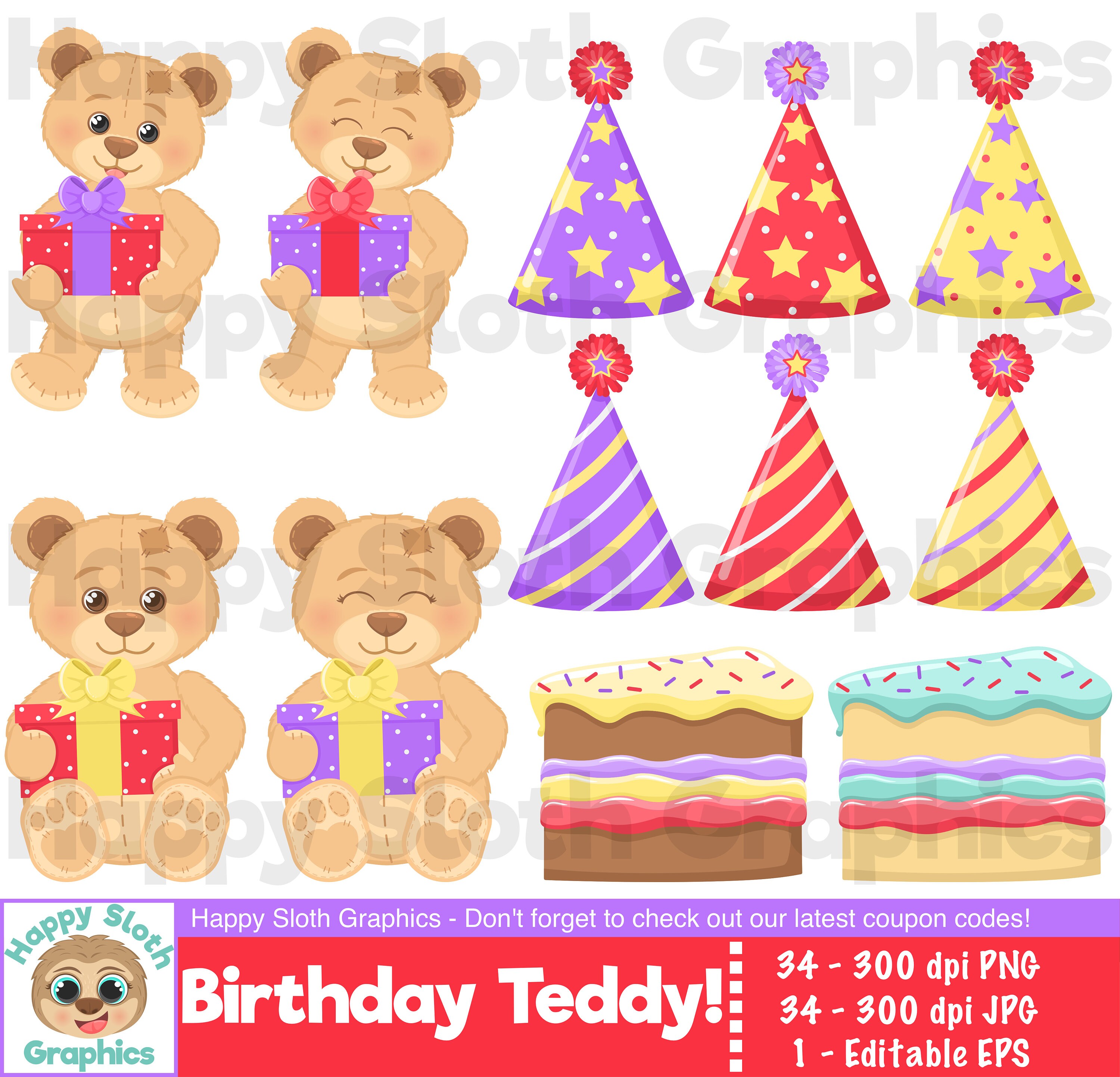 Birthday Teddy party clipart set personal and commercial use | Etsy