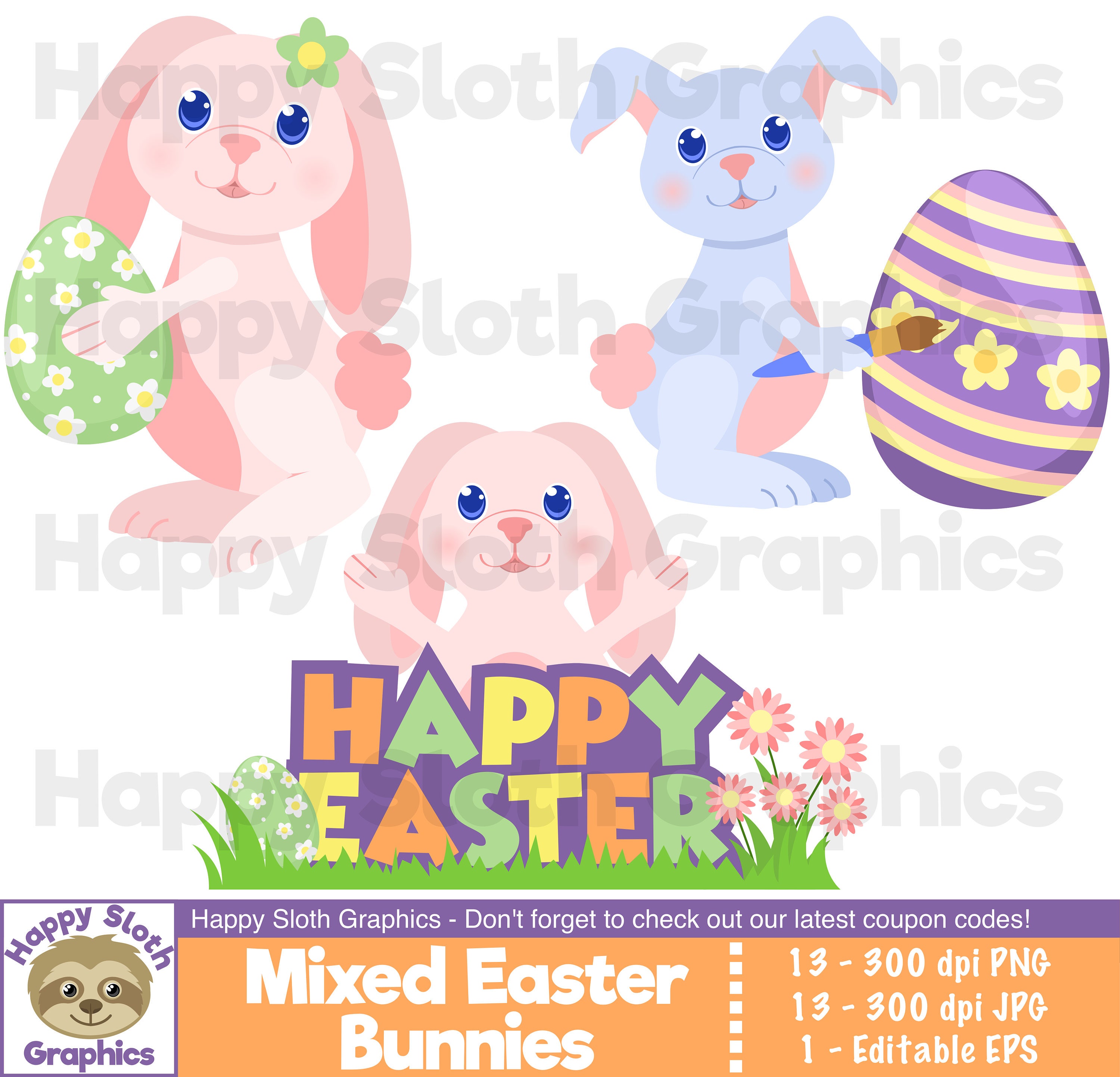 Easter Bunnies in Mixed Colours Clipart Set, Personal and Commercial ...