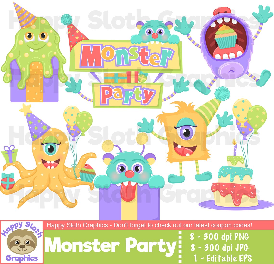 Monster Party Clipart Set, Personal and Commercial Use Vector Birthday ...