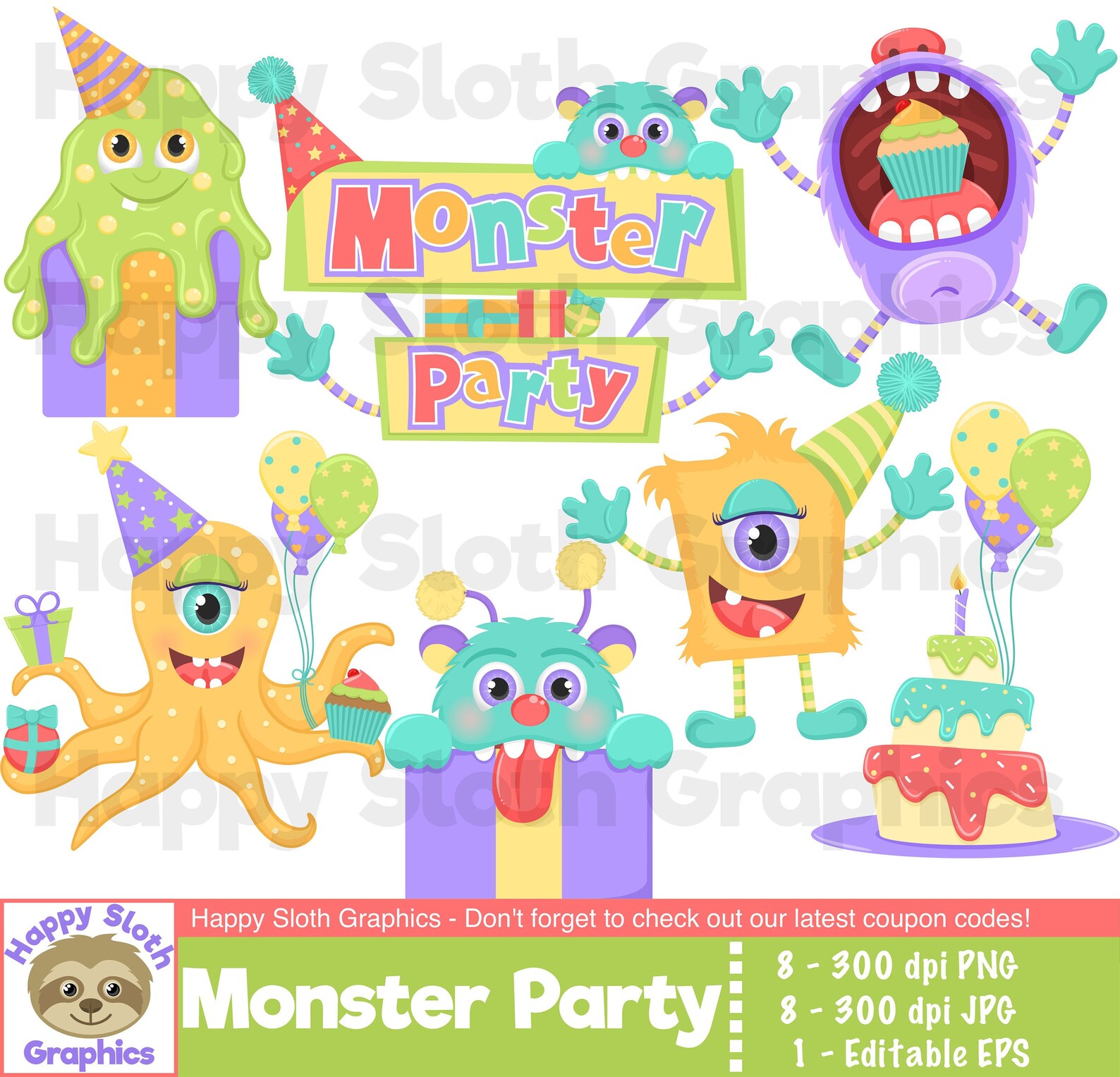 Monster party clipart set personal and commercial use vector | Etsy