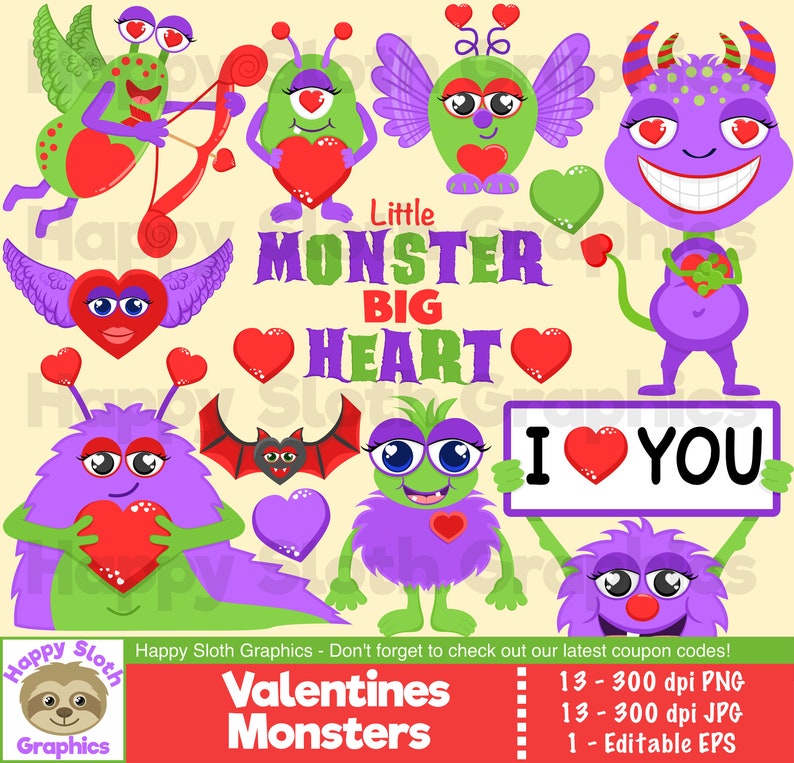 Valentines Monsters Clipart Set, Personal and Commercial Use Vector ...