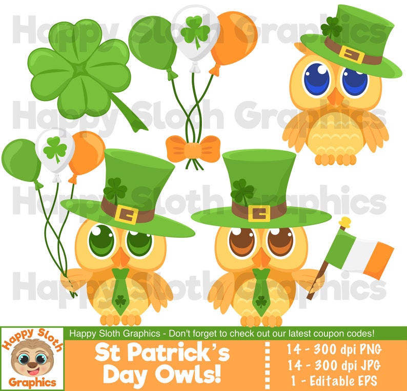St Patrick’s Day Owls Clipart Set, Personal and Commercial Use Vector ...