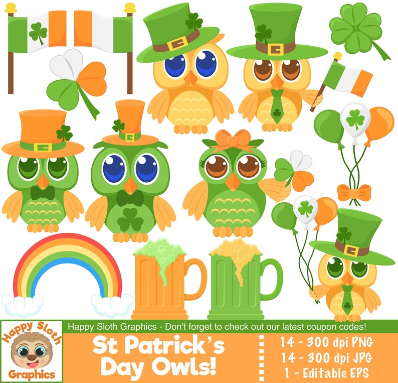 St Patrick’s Day Owls Clipart Set, Personal and Commercial Use Vector ...