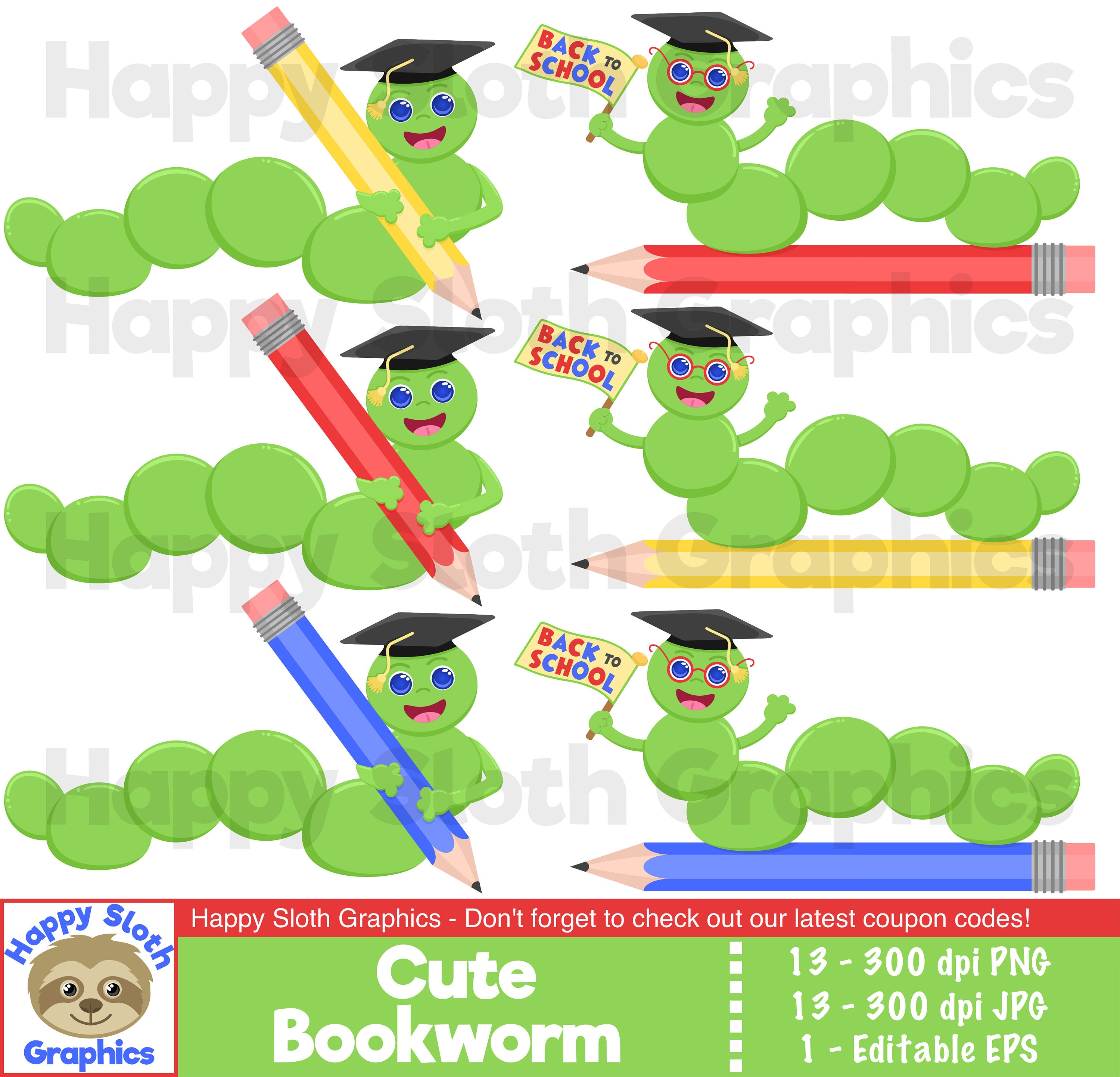 Cute Bookworms Clipart Set, Personal and Commercial Use Vector School ...