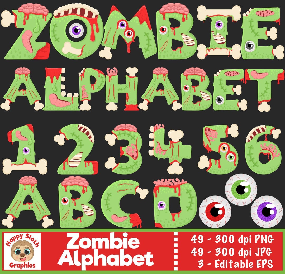 Zombie Alphabet Clipart Set, Personal and Commercial Use Vector ...