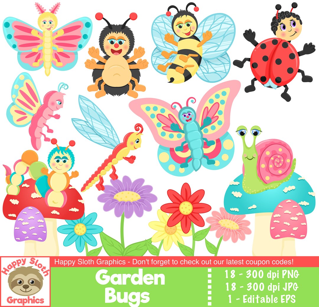 Garden Bugs Clipart Set, Personal and Commercial Use Vector Flowers ...
