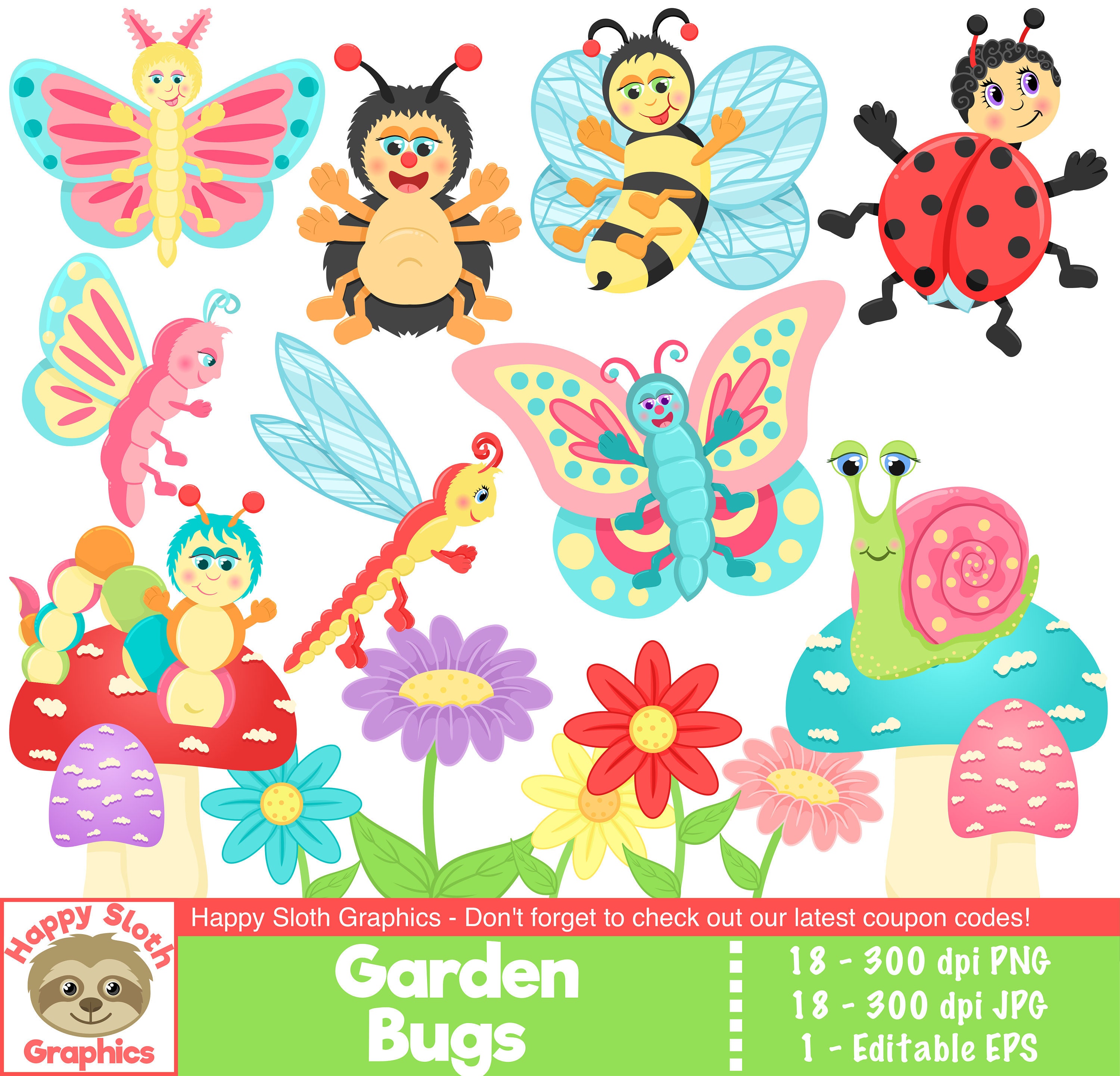 Garden Bugs Clipart Set, Personal and Commercial Use Vector Flowers ...