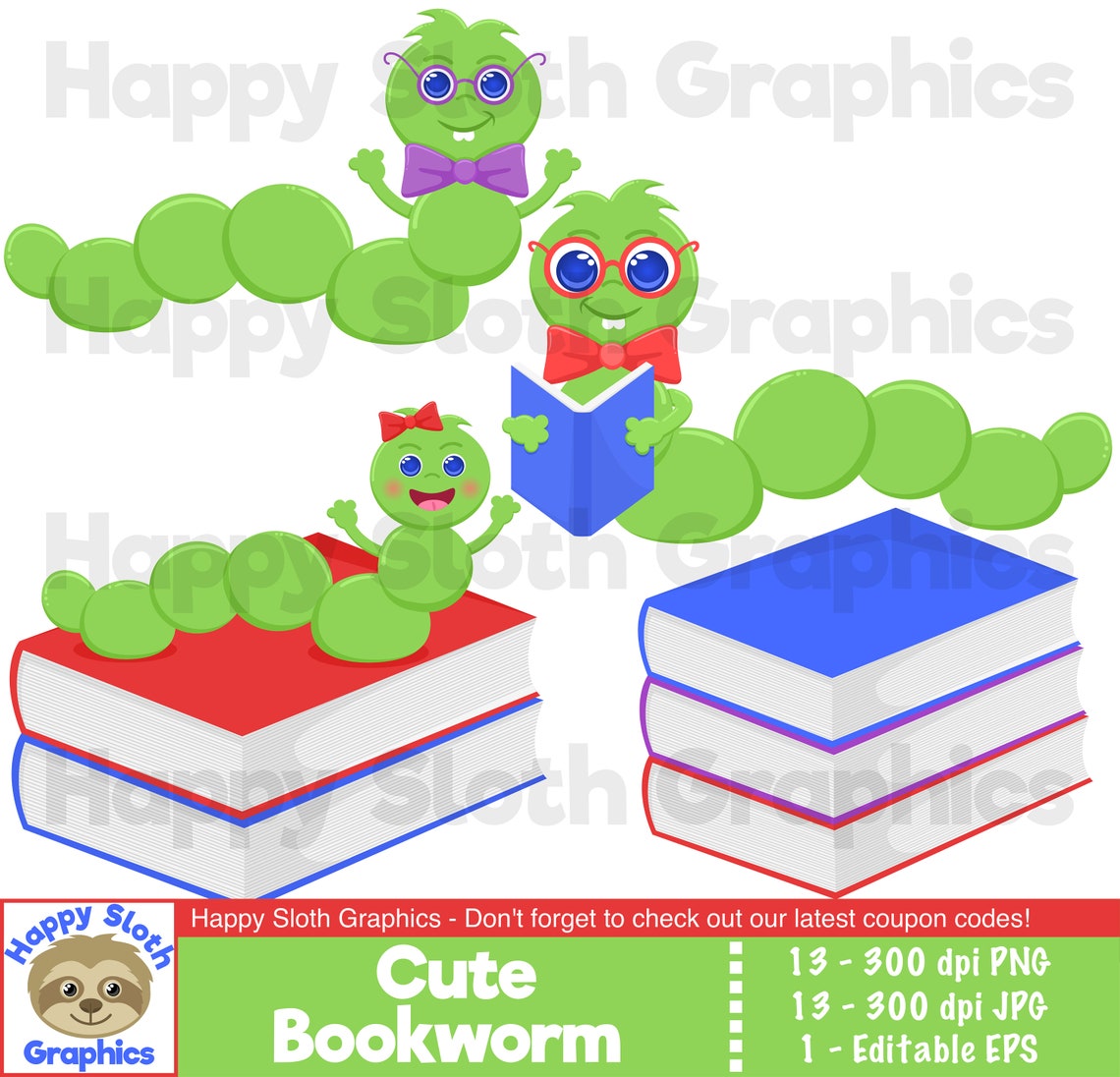 Cute Bookworms Clipart Set, Personal and Commercial Use Vector School ...