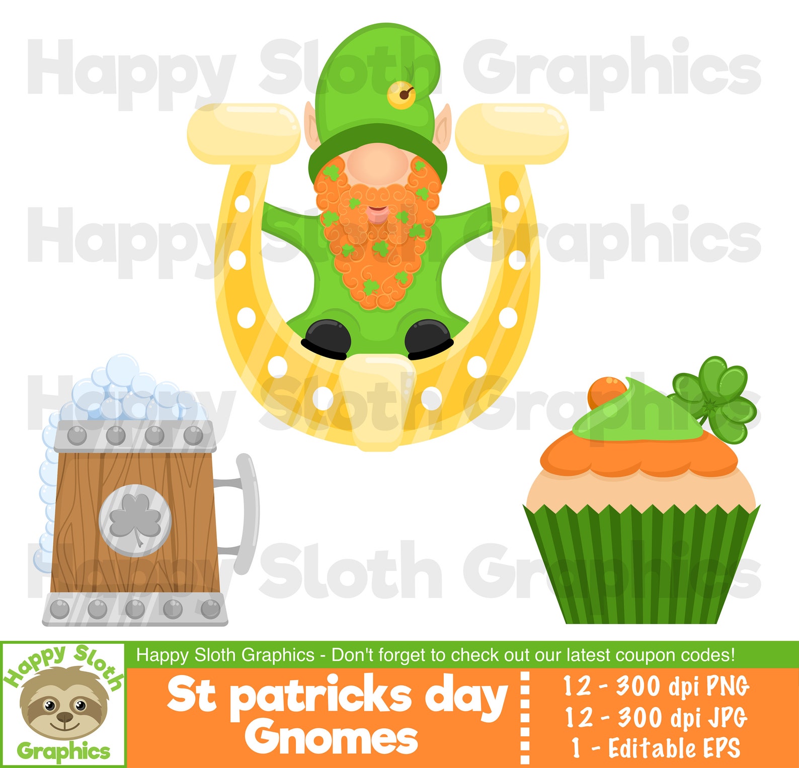 St Patricks Day Gnomes Clipart Set, Personal and Commercial Use Vector ...