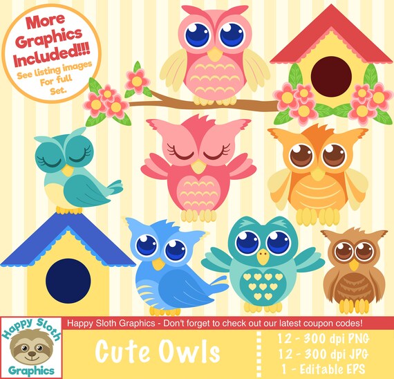 Cute Owls Clipart Set Personal and Commercial Use Vector Owls | Etsy