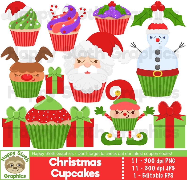 Christmas Cupcakes Clipart Set, Personal and Commercial Use Vector Food ...