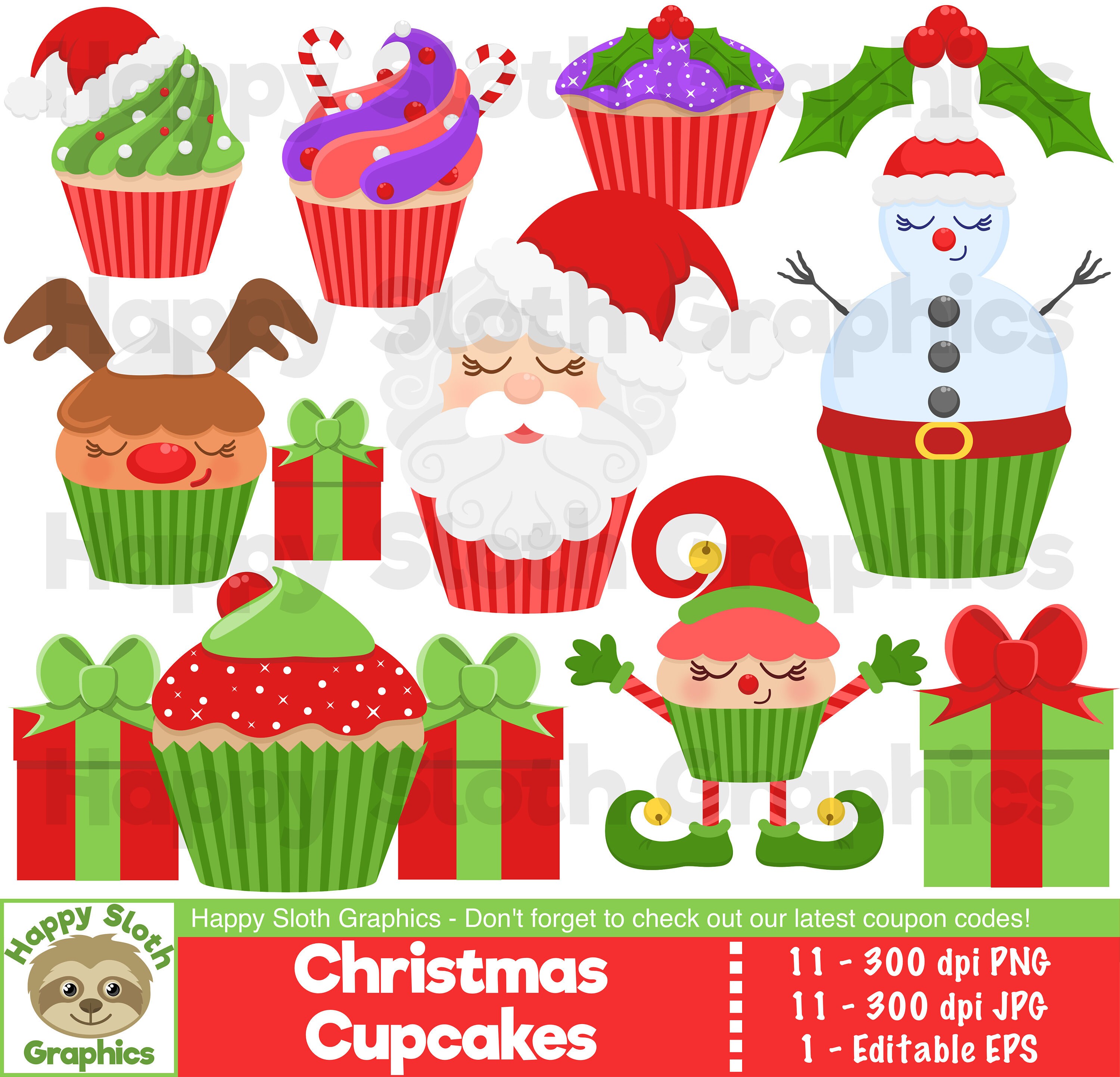 Christmas Cupcakes Clipart Set, Personal and Commercial Use Vector Food ...