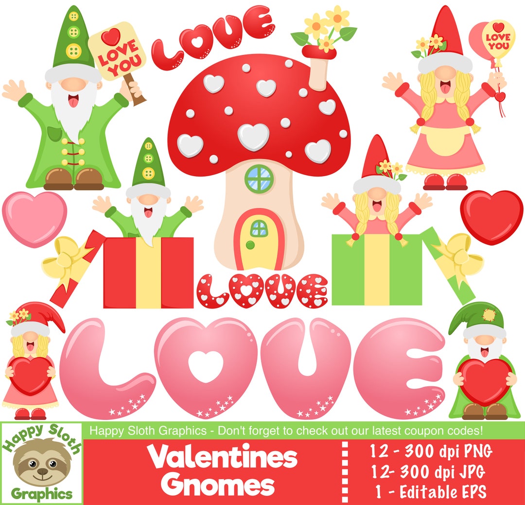 Valentines Gnomes Clipart Set, Personal and Commercial Use Vector ...