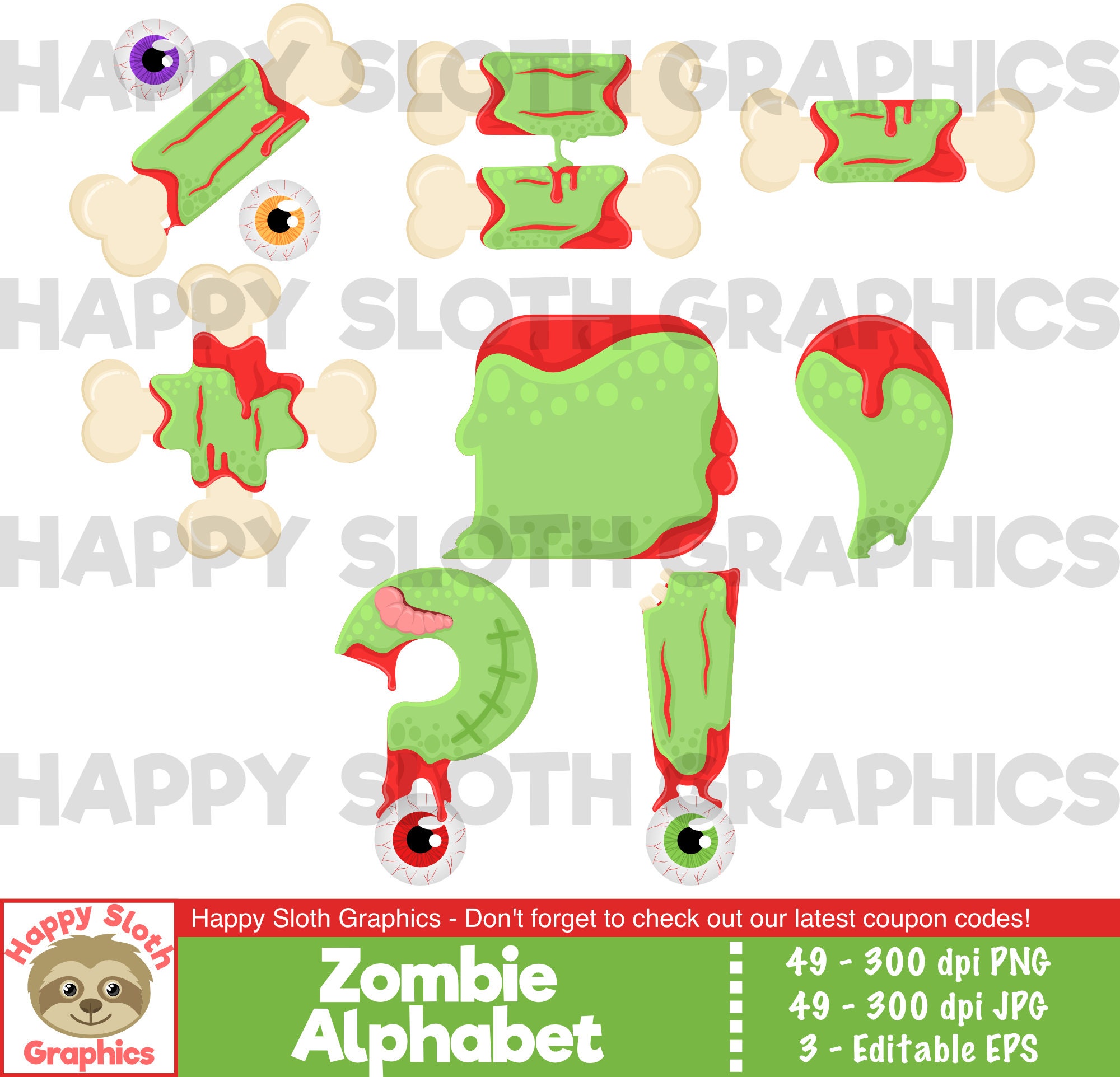 Zombie Alphabet Clipart Set, Personal and Commercial Use Vector ...