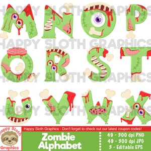 Zombie Alphabet Clipart Set, Personal and Commercial Use Vector ...