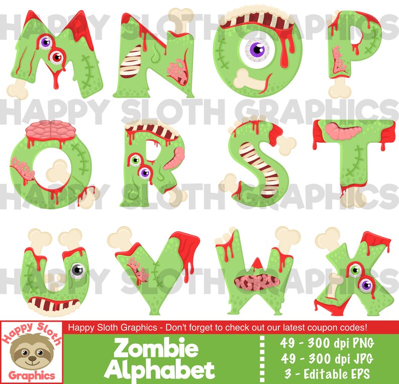 Zombie Alphabet Clipart Set, Personal and Commercial Use Vector ...