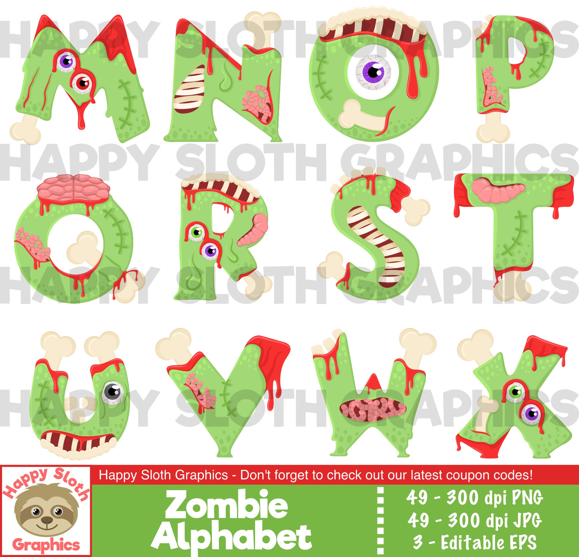 Zombie Alphabet Clipart Set, Personal and Commercial Use Vector ...
