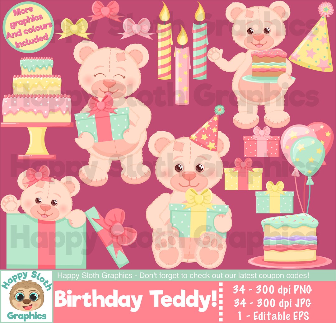 Birthday Teddy Pink Party Clipart Set, Personal and Commercial Use ...