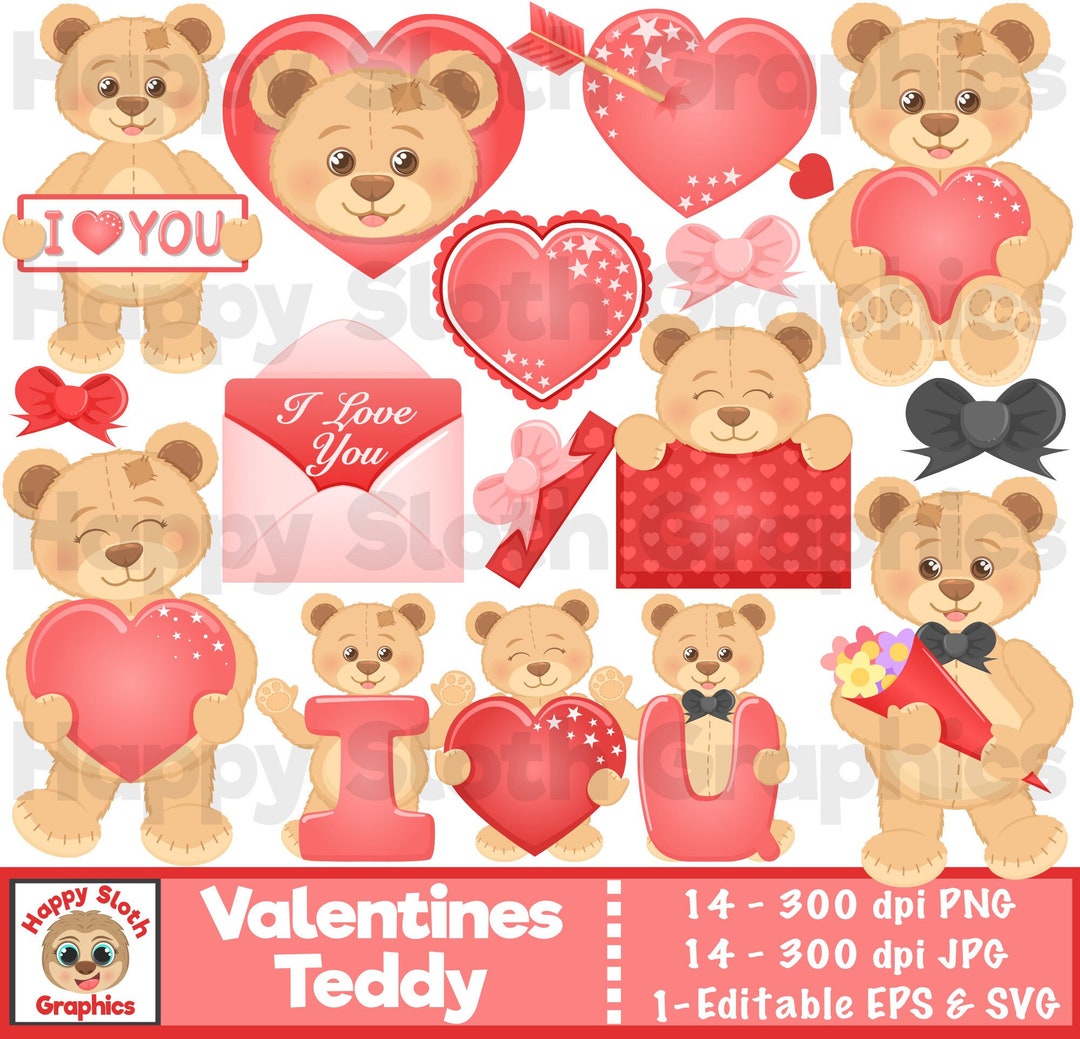 Valentines Teddy Clipart Set, Personal and Commercial Use Vector Hearts ...