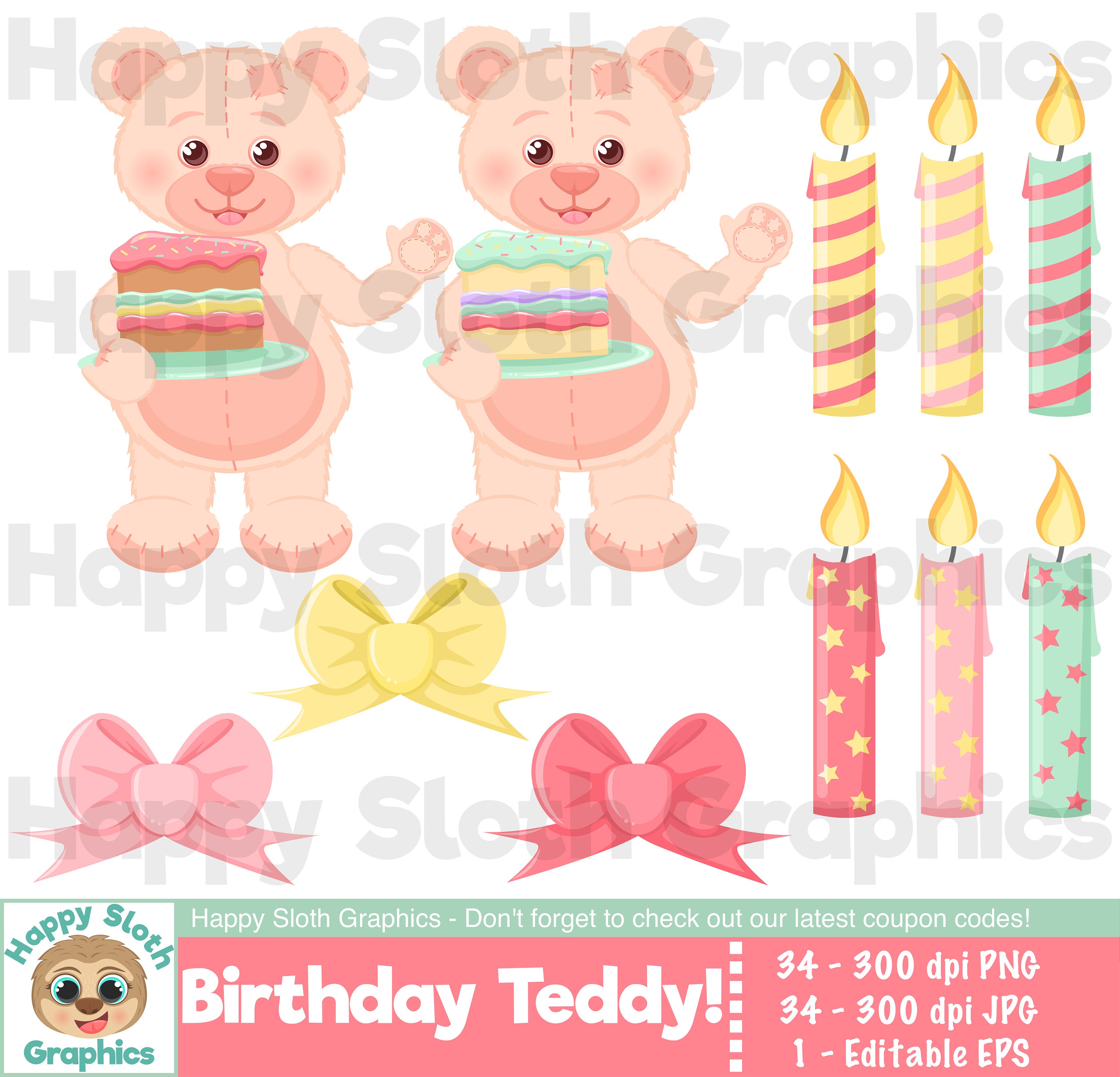 Birthday Teddy Pink Party Clipart Set, Personal and Commercial Use ...