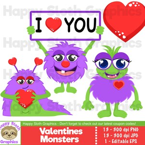 Valentines Monsters Clipart Set, Personal and Commercial Use Vector ...