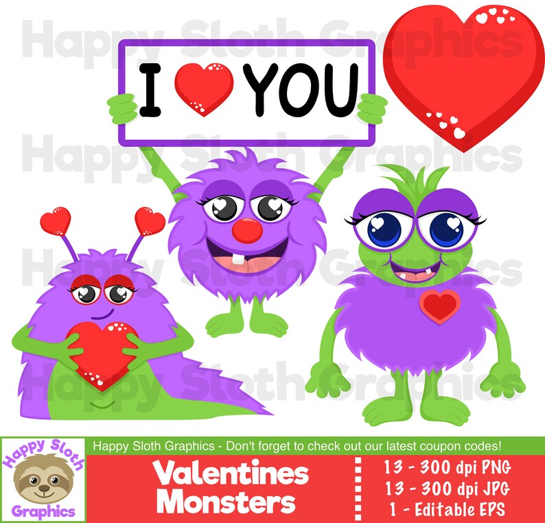 Valentines Monsters Clipart Set, Personal and Commercial Use Vector ...