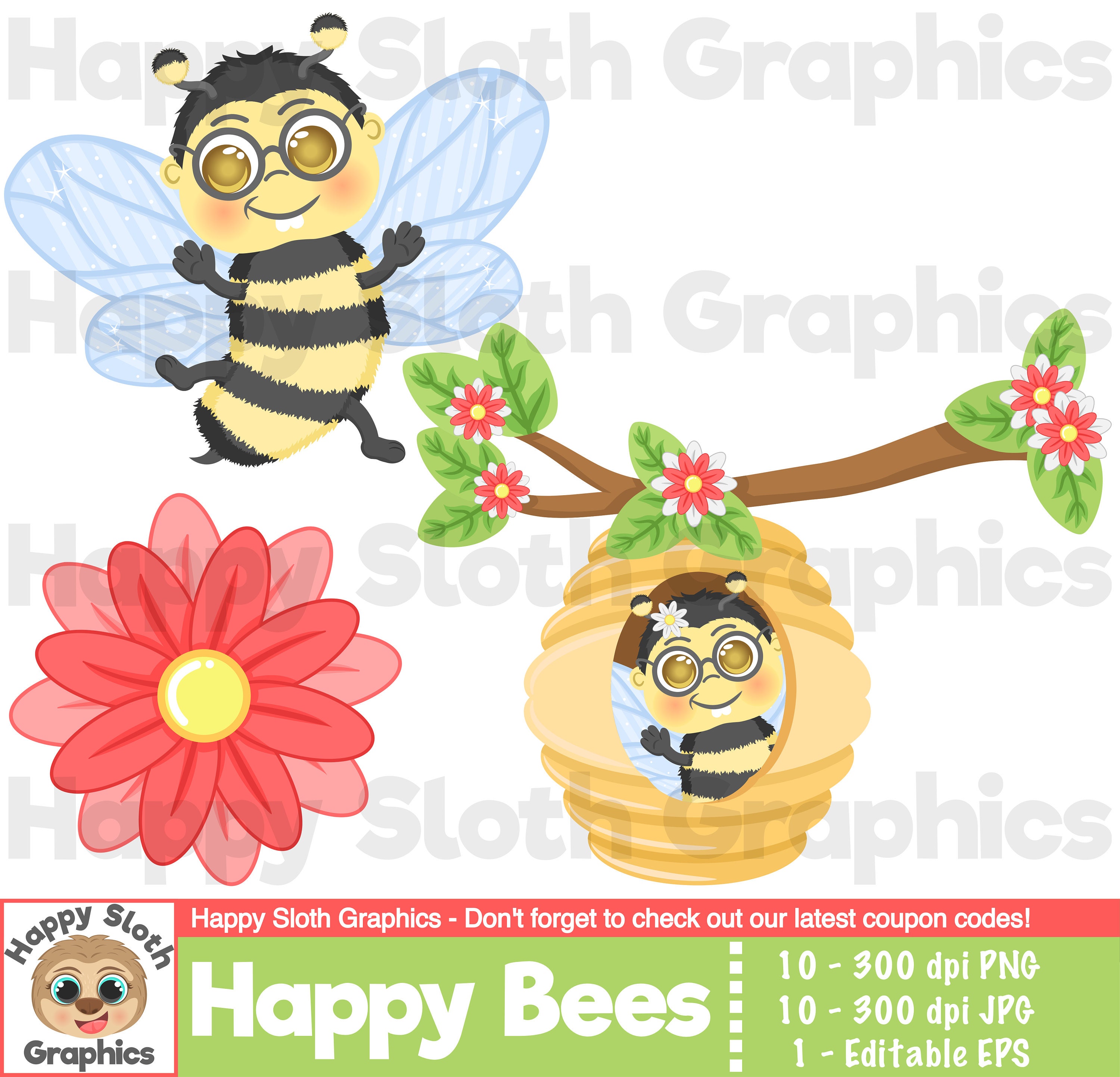Happy Bees Clipart Set, Personal and Commercial Use Vector Animals ...
