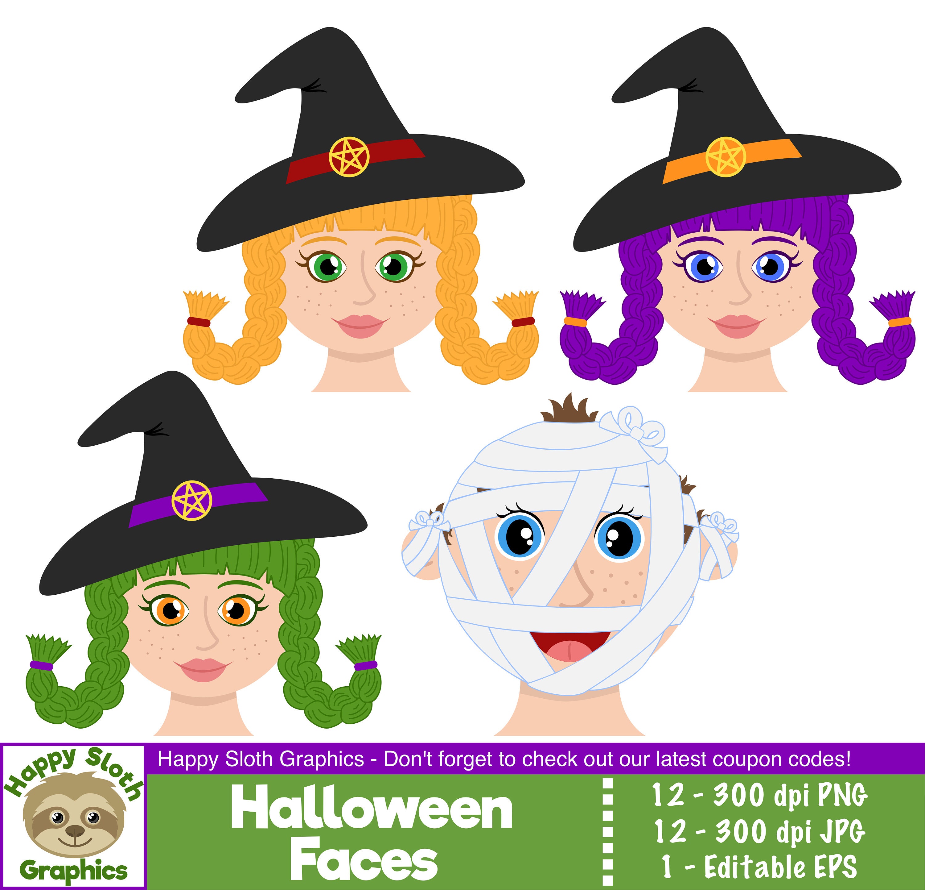 Halloween Faces Clipart Set, Personal and Commercial Use Vector ...