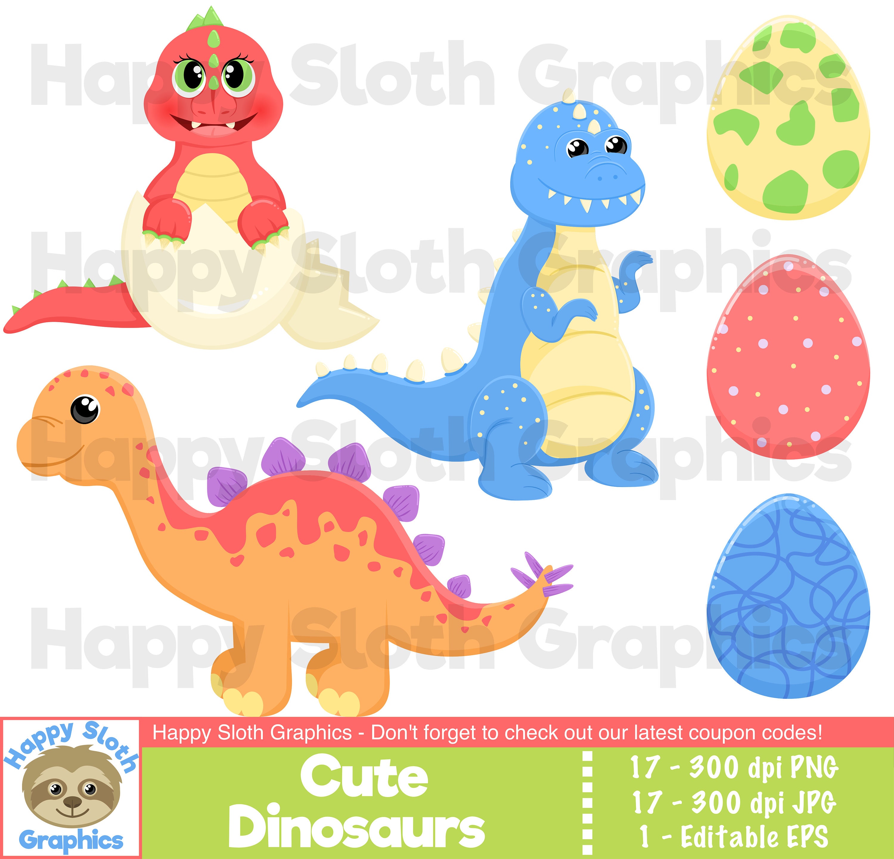 Cute Dinosaurs Clipart Set, Personal and Commercial Use Vector Dinosaur ...