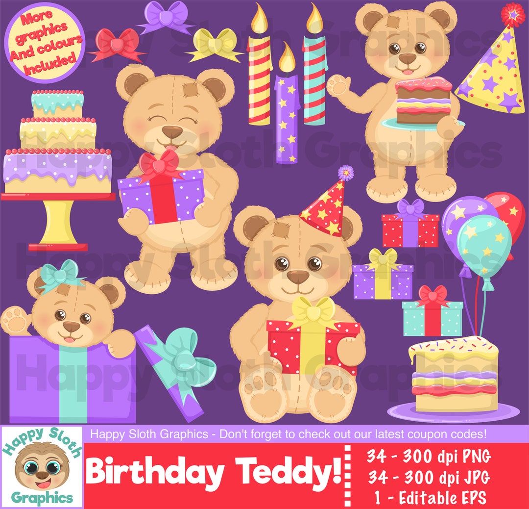 Birthday Teddy Party Clipart Set, Personal and Commercial Use Vector ...