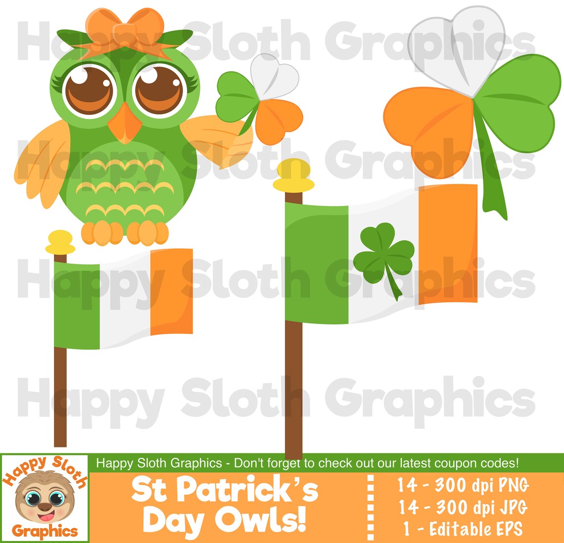 St Patricks Day Owls Clipart Set, Personal and Commercial Use Vector St ...