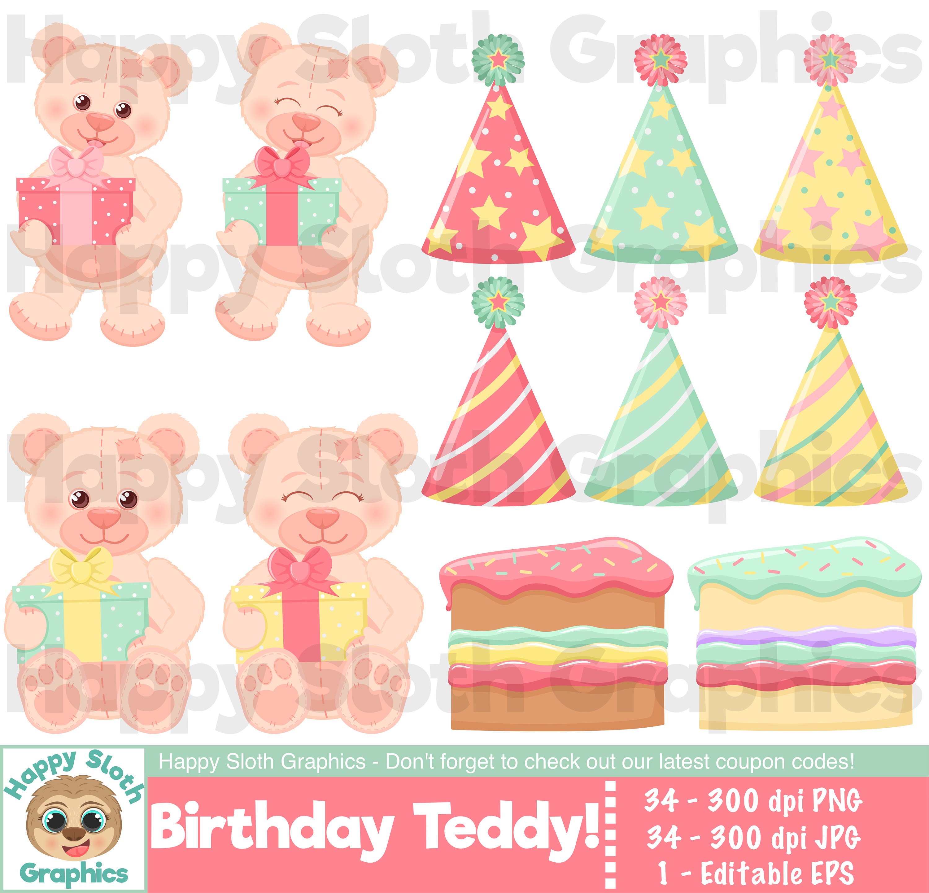 Birthday Teddy Pink Party Clipart Set, Personal and Commercial Use ...