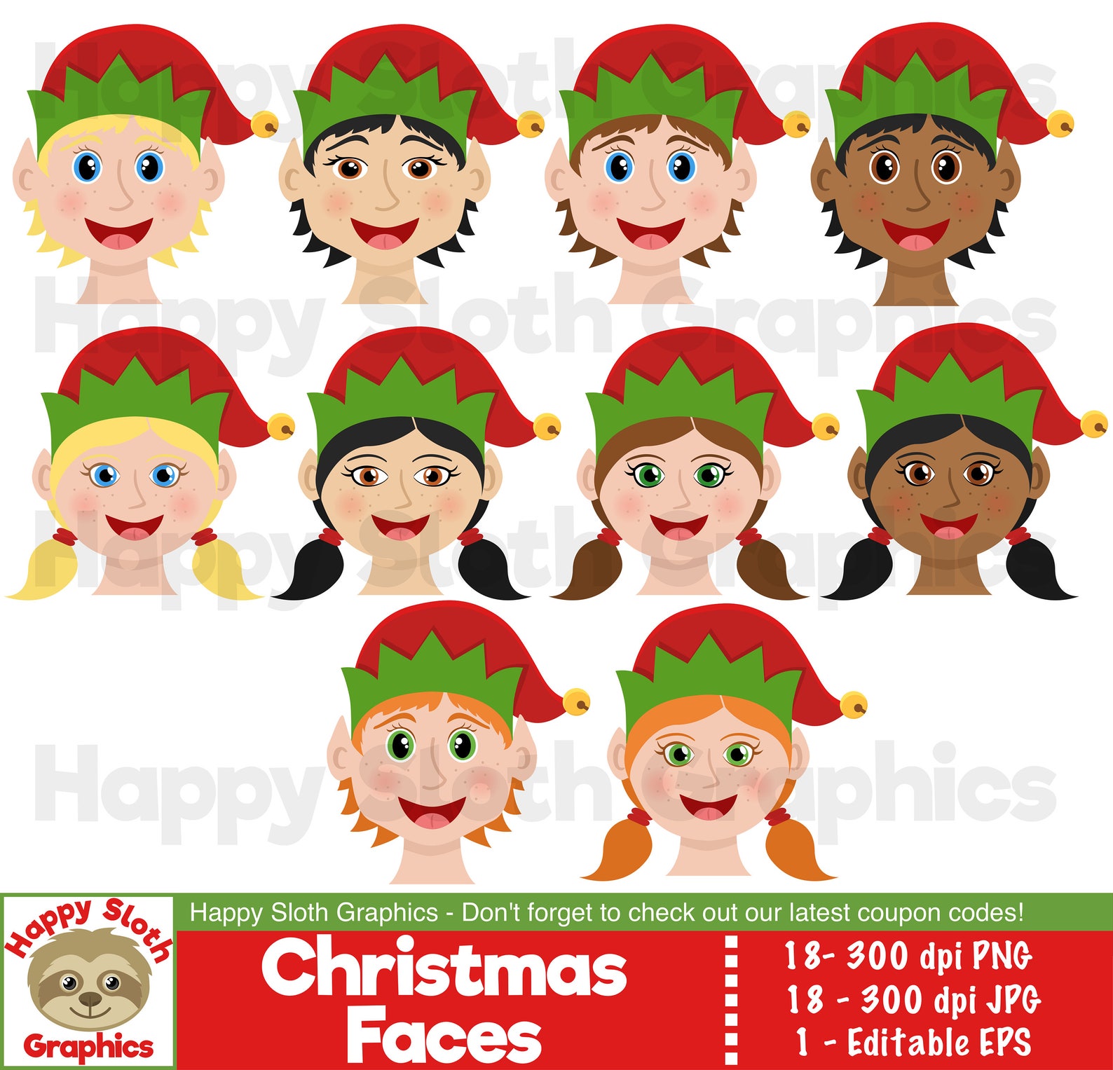 Christmas Faces Clipart Set, Personal and Commercial Use Vector, Xmas ...