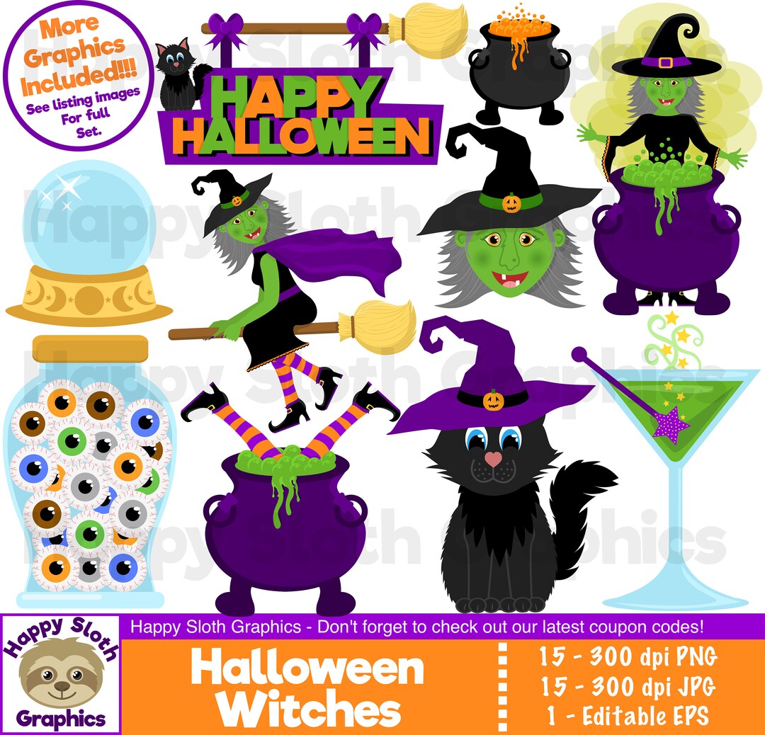 Halloween Witches Clipart Set, Personal and Commercial Use Vector ...