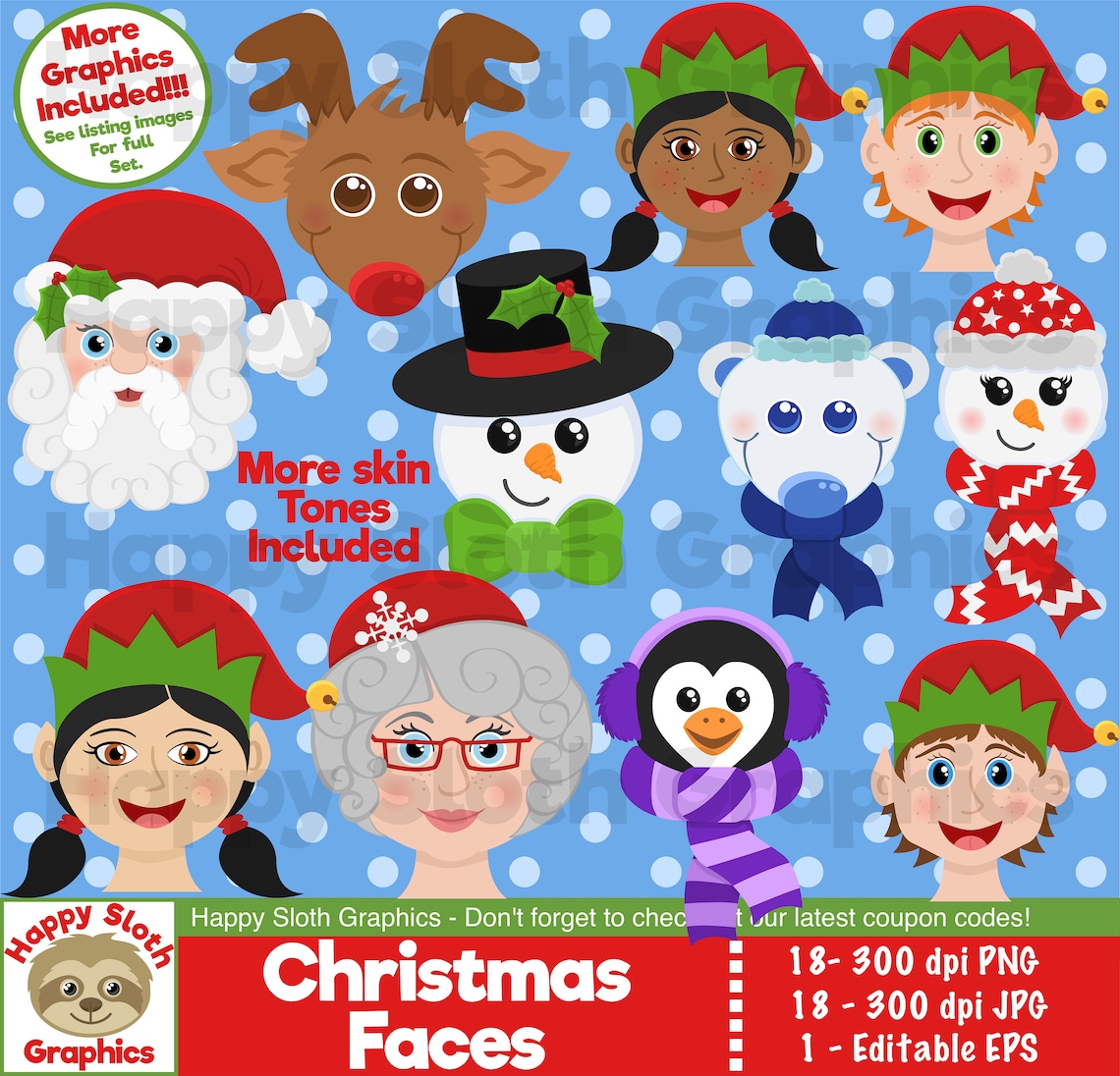 Christmas Faces Clipart Set, Personal and Commercial Use Vector, Xmas ...