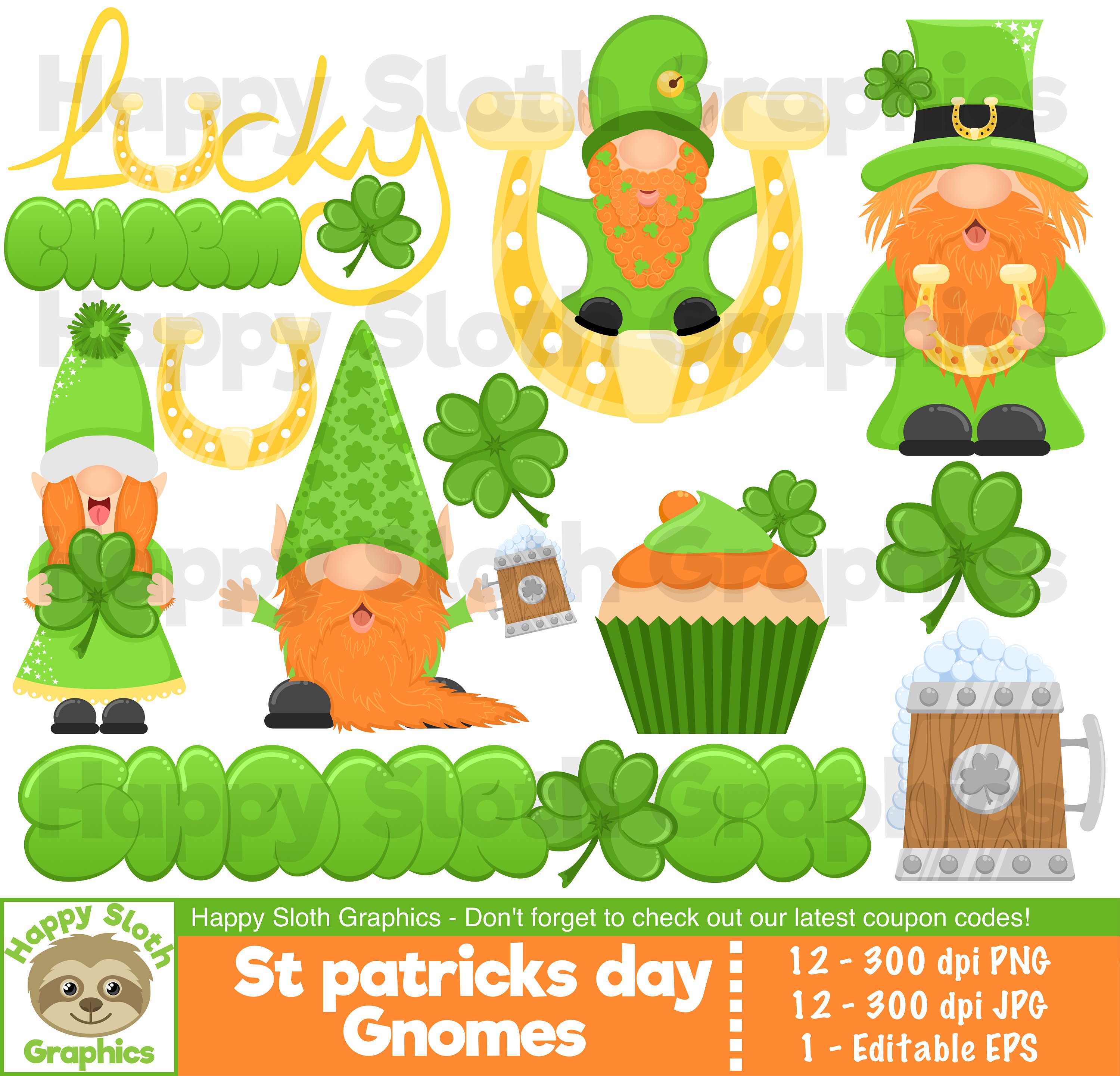 St Patricks Day Gnomes Clipart Set, Personal and Commercial Use Vector ...