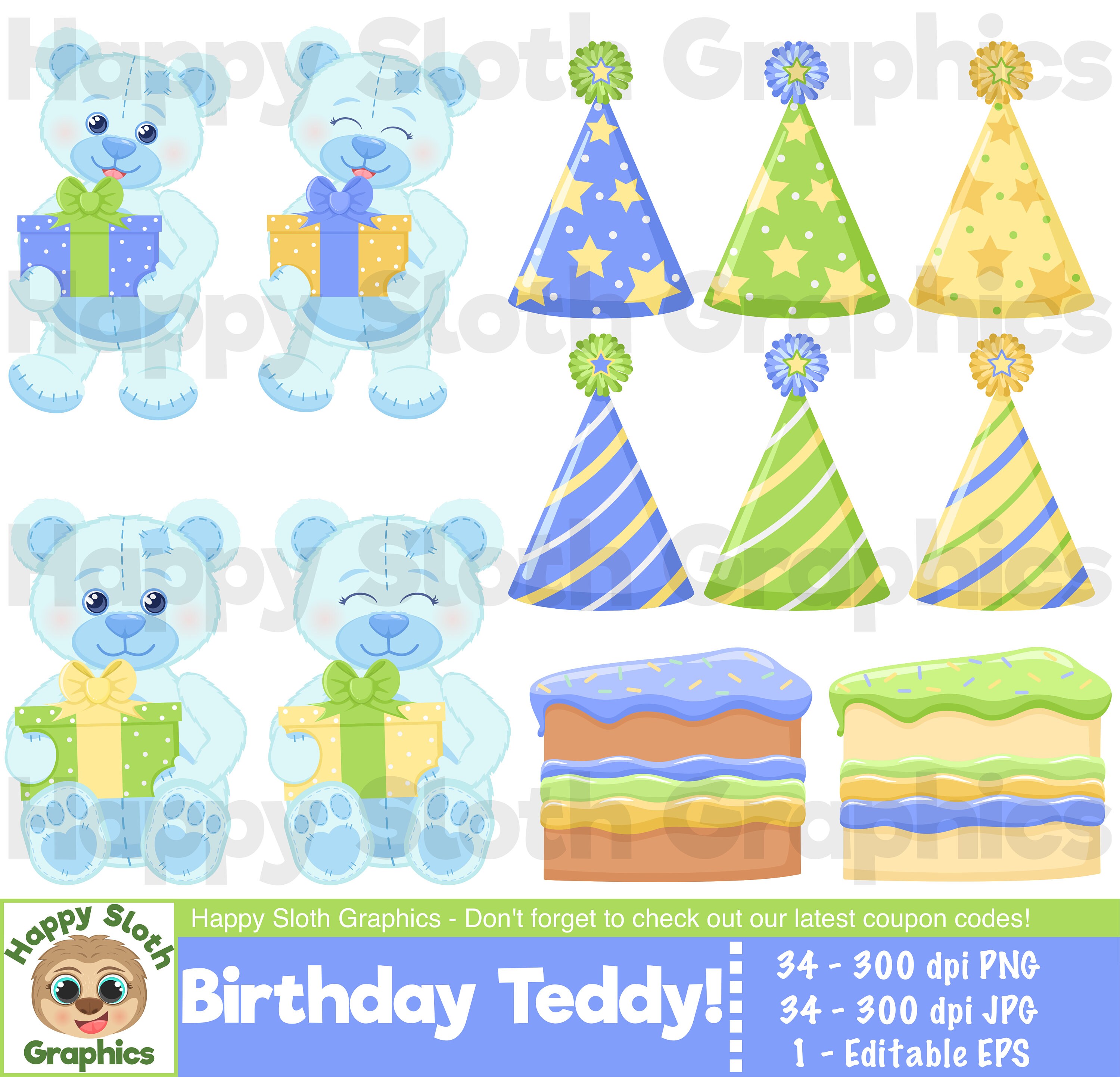 Birthday Teddy Blue Party Clipart Set Personal and Commercial - Etsy