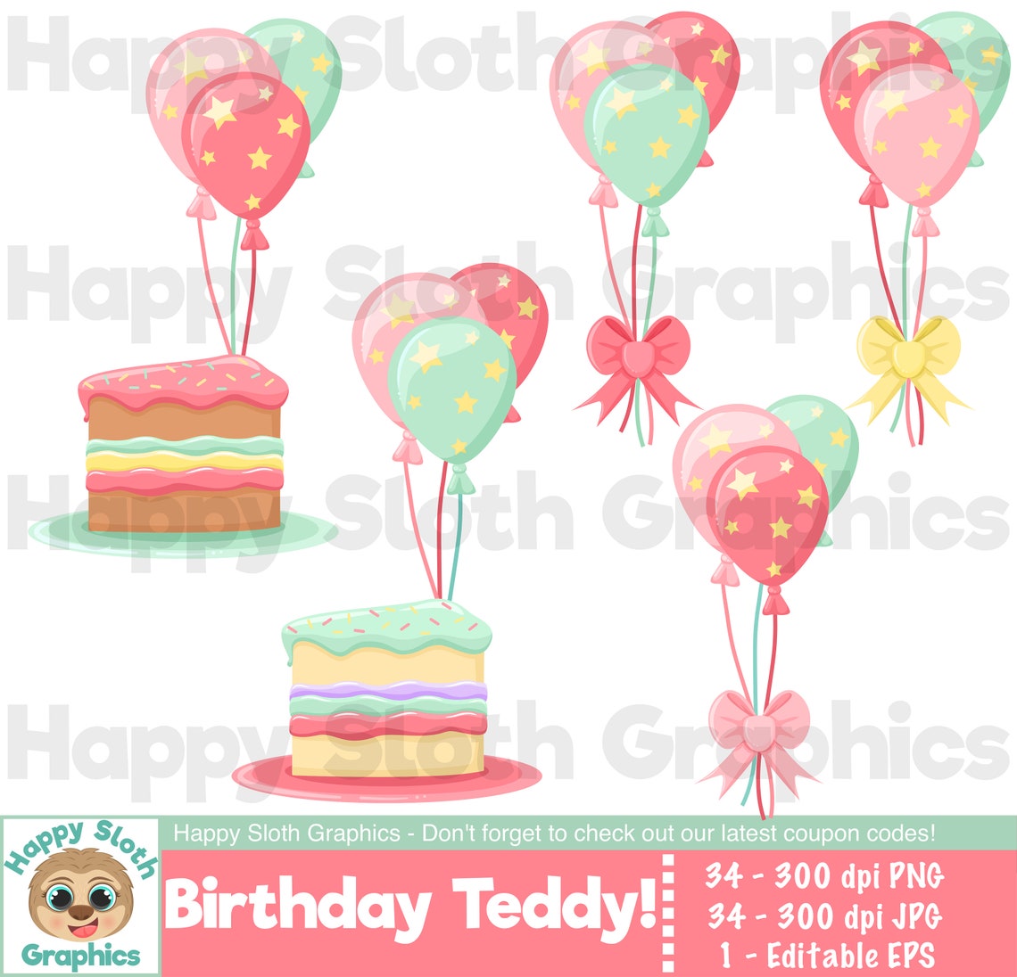 Birthday Teddy Pink Party Clipart Set Personal and Commercial - Etsy