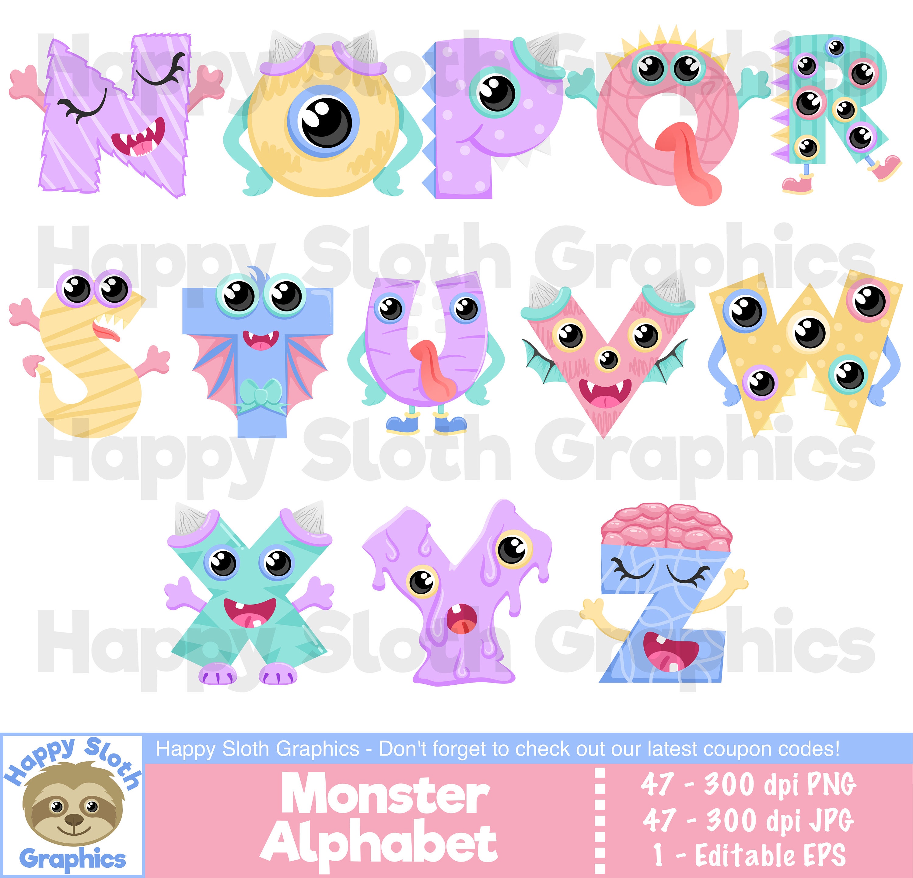 Pastel Monster Alphabet Clipart Set, Personal and Commercial Use Vector ...