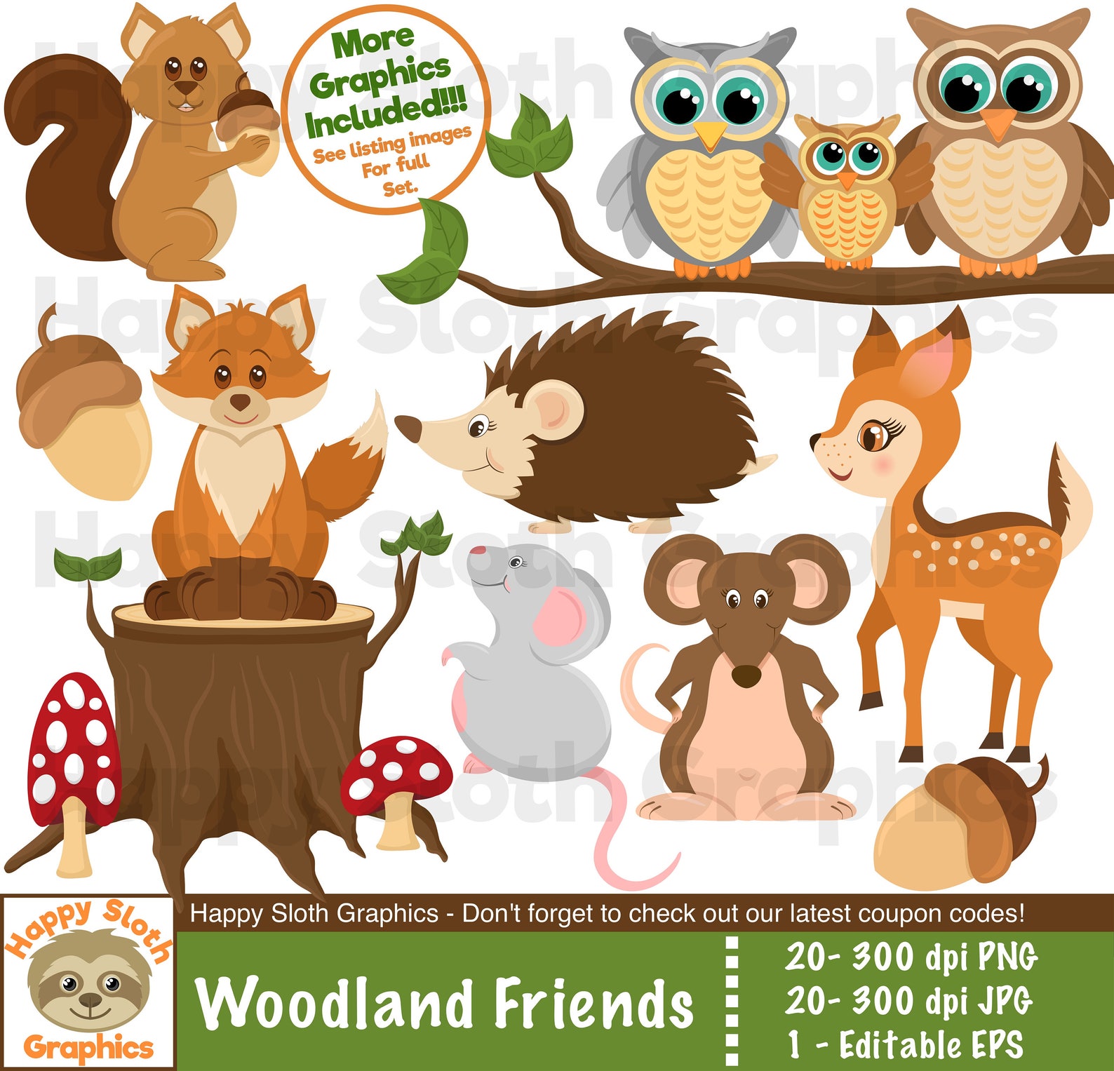 Woodland Friends Clipart Set, Personal and Commercial Use Vector ...