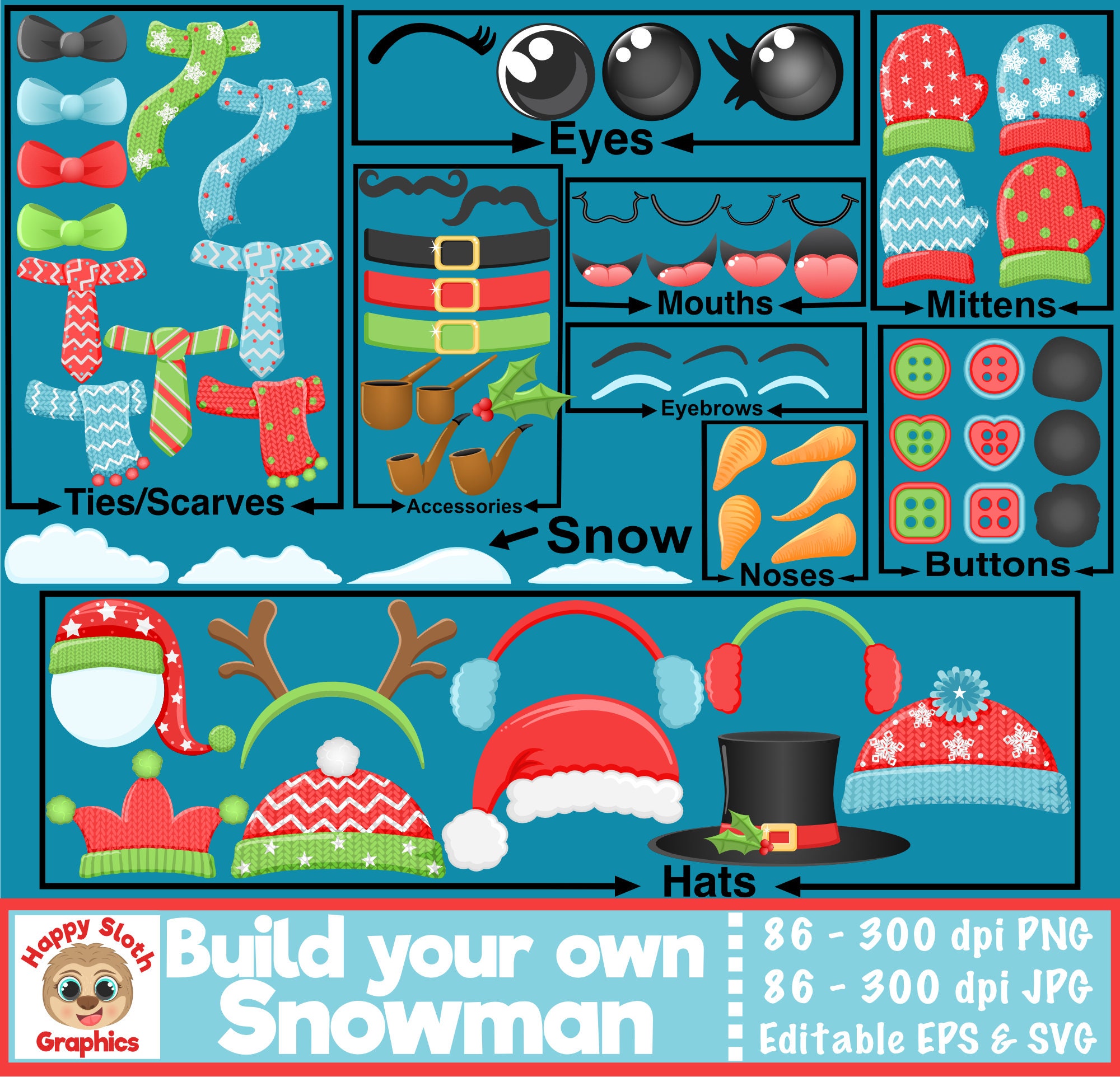 Mix and Match Snowman Family Clipart Set, Personal and Commercial Use ...