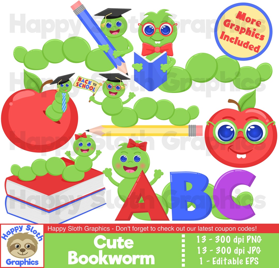Cute Bookworms Clipart Set, Personal and Commercial Use Vector School ...